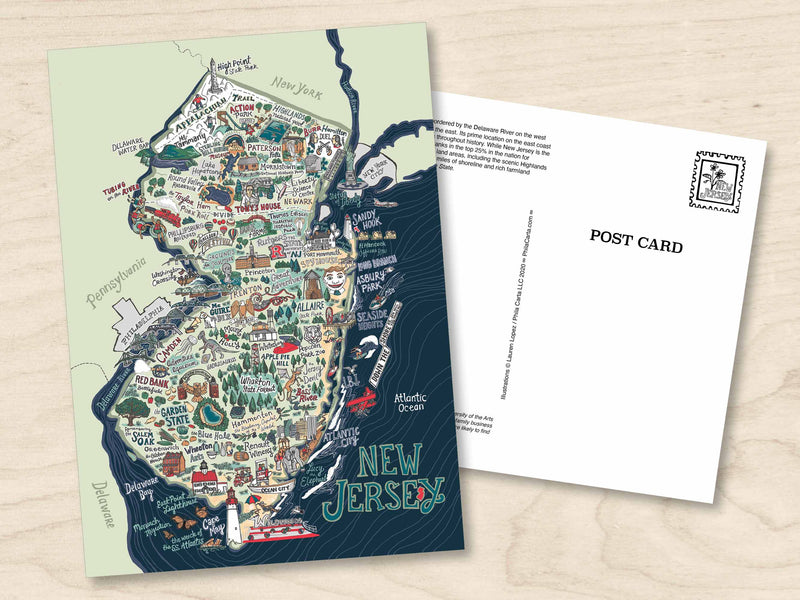 New Jersey Illustrated Map Postcard - 5 x 7 inch NJ map art print ...