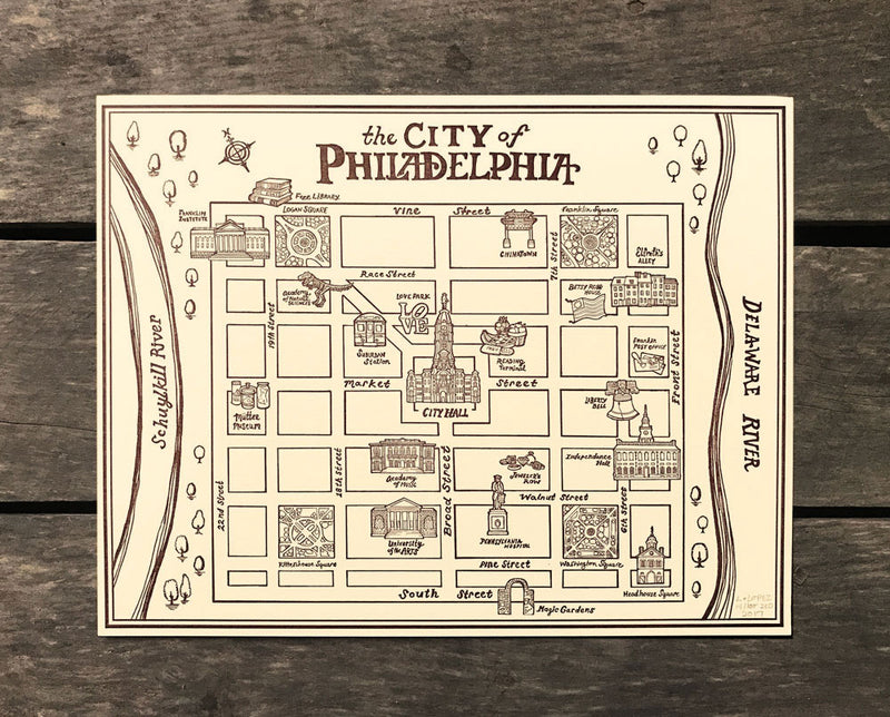 City of Philadelphia Historic Art Map - 11 x 14 inch Letterpress Print ...